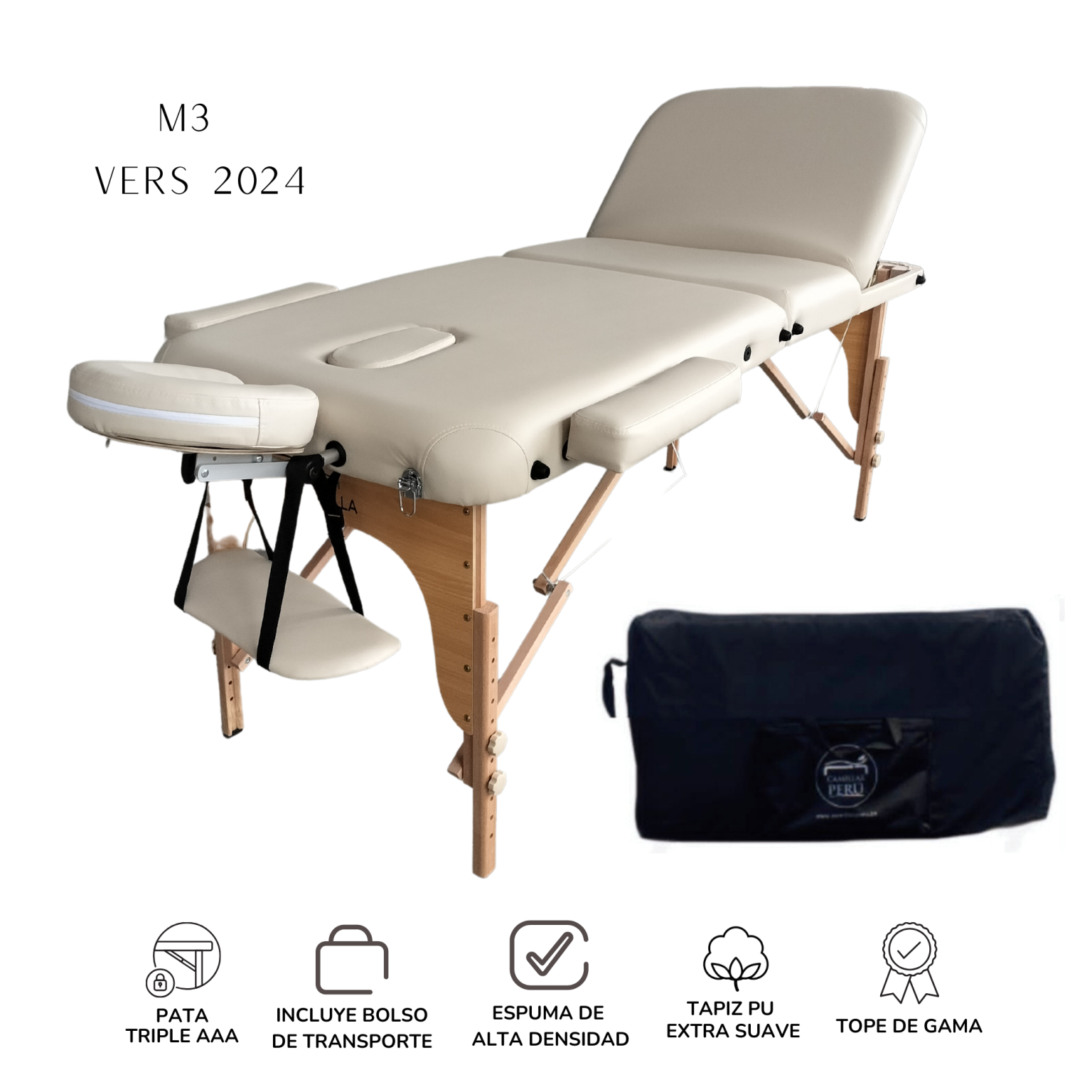 Camilla plegable, reclinable de madera M3 PREMIUM - CALMILLA - Camillas Perú